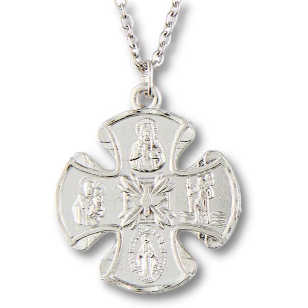 商品名カトリック フォー ウェイ クロス ネックレス 男性用 シルバートーン ペンダント セントジョセフ、セントクリストファー、聖心、奇跡的なメダル付き、宗教的なジュエリーギフト、2.25インチCatholic Four Way Cross...