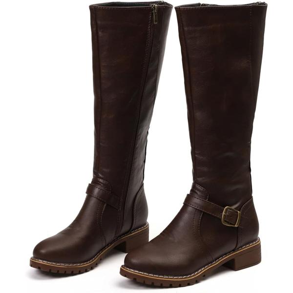 商品名Hbeylia Women's Knee High Motorcycle Riding Winter Boots with Back Zipper Leather Pullon Chunky Block Low Heel Flat M...