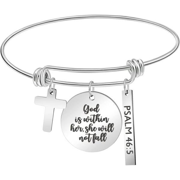 商品名Memgift インスピレーションブレスレット レディース クリスチャンジュエリー 彼女へのギフト 聖書の言葉 拡張可能ブレスレット, ステンレス鋼, サンドストーン,Memgift God is within Her She Wil...