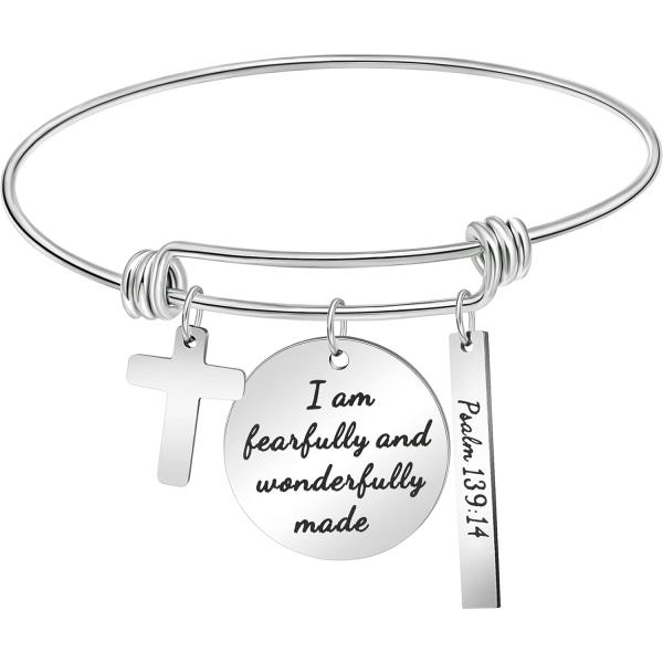 商品名Memgift インスピレーションブレスレット レディース クリスチャンジュエリー 彼女へのギフト 聖書の言葉 拡張可能ブレスレット, ステンレス鋼, サンドストーン,Memgift I Am Fearfully and Wonder...