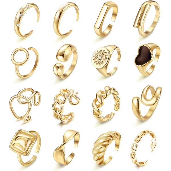 商品名HAISO 16個 ゴールド チャンキー ドームリング セット レディース ガールズ 18Kゴールドメッキ 重ね付け可能 オープンリンクリング トレンディな編み込み ツイスト 幾何学模様 ハート シグネットリング 調節可能なオープンバ...