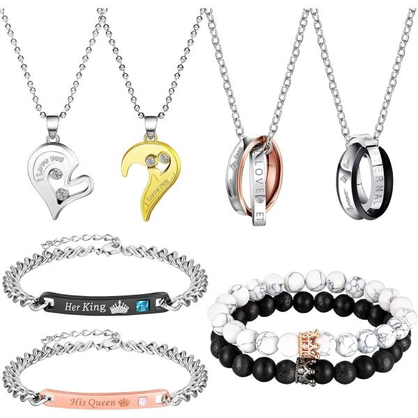 商品名カップルネックレスブレスレット8点セット Her King His Queen ネックレスブレスレット I Love You ネックレス Love Heart Crown ネックレス バレンタインデー用, 亜鉛, 亜鉛合金。,8 Pi...