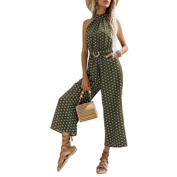 商品名:  QIAOZHI Women Green Polka Dot Print Jumpsuits Halter Neck Sleeveless Rompers Wide Leg Pants with Beltブランド: QIAOZHI...