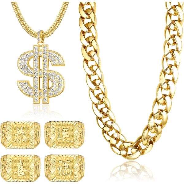 商品名FIBO STEEL ヒップホップゴールドメッキチェーンネックレスとリングセット メンズ レディース ラッパーコスチューム ビッグチャンキーチェーン ドルサイン付き 漢字 祝福 ラッキーリング 80年代 90年代 パーティージュエリー...