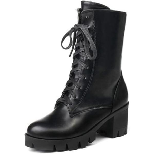 商品名Bemey Women's Platform Mid Calf Combat Boot Chunky Heel Zip PU Leather Lace Up Motorcycle Riding Boots, Black, 13ブランド...