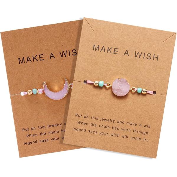 商品名樹脂製 月 三日月 ラウンド天然石ブレスレット2点セット 友情 手編み ストレッチストリング 調整可能 カップル用 パーソナライズド ウィッシュカードジュエリー, 樹脂, 樹脂,COLORFUL BLING 2pcs Resin Mo...