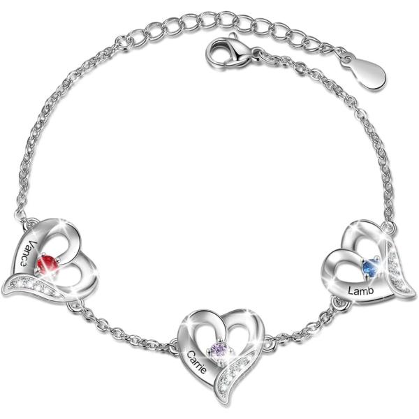 商品名LanM Personalized Mom Gifts Mothers Bracelet with 3 Birthstones Custom Name Bracelet for Women Heart Bracelet Family ...