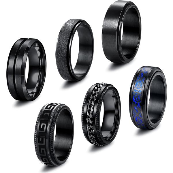 商品名Jstyle ステンレススチール フィジェットリング メンズ レディース クールチェーン ギリシャキー ドラゴンパターン ベベルエッジ ケルトブラック スピナーバンドリングセット ウェディングプロミス ストレス解消 幅8mm, ステン...