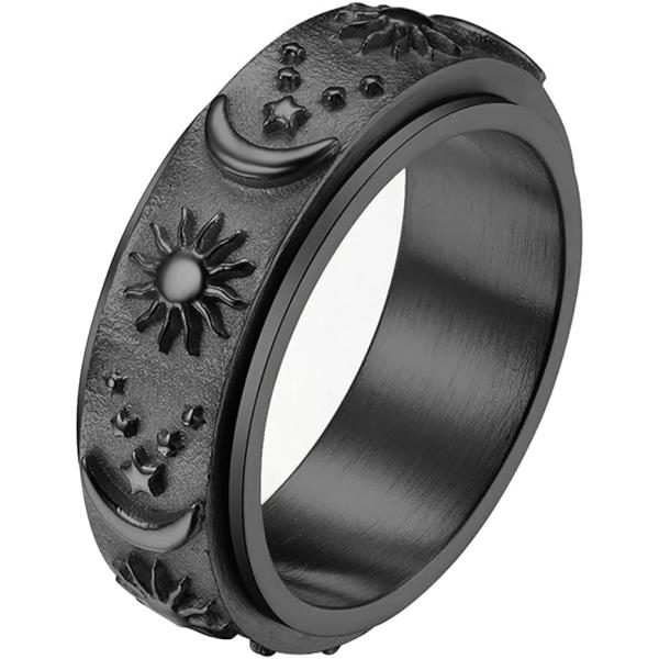 商品名Nylry チタン ステンレス フィジェットリング 8mm 月 星 太陽 スピナーリング シルバー ゴールド ブラック ストレス解消 不安 リング ワイド 彫刻 心配 バンド レディース メンズ ティーン サイズ 5~12, 金属, ...