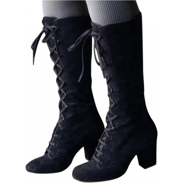 商品名Gibobby Platform Boots for Women,Womems Long Boots Low Heels Combat Riding Boots Lace up Mid Calf Motorcycle Boots Bl...