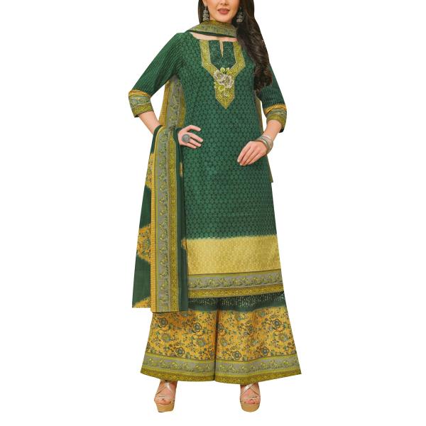 商品名:  Pure Cotton Casual Printed Salwar Kameez Suit with Palazzo Pant &amp; Lawn Cotton dupatta (Size-54/ Dark Green)ブラン...