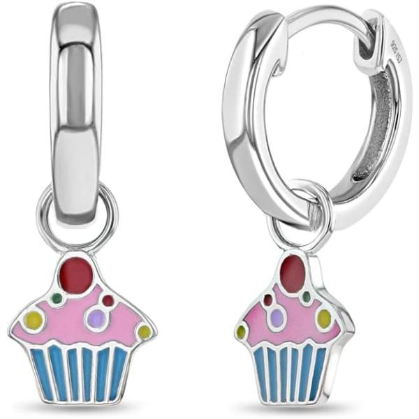 商品名925スターリングシルバー マルチカラー エナメル カップケーキ ダングル フープ イヤリング 小さな女の子用 10mm - かわいくて楽しい食べ物がテーマのジュエリー 若い女の子向け925 Sterling Silver Multi...