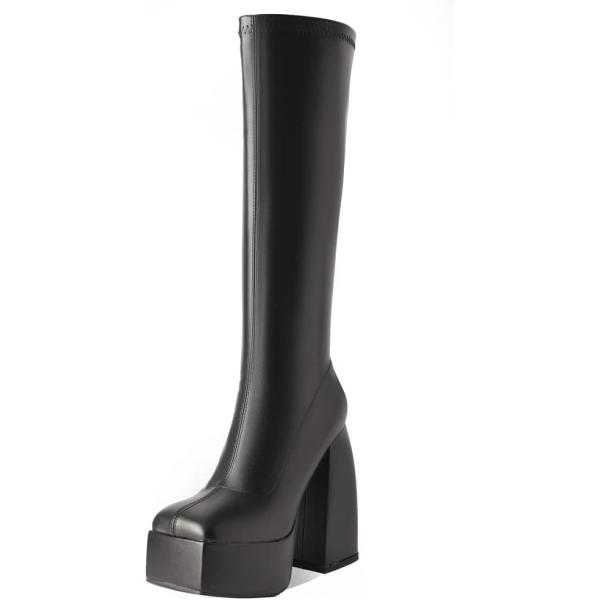 商品名YIYA Punk Platform Mid Calf Boots for Women Chunky High Heel Square Toe Side Zipper Goth Knee High Boots Combat Ridin...