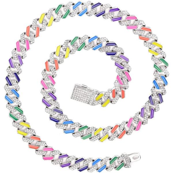 商品名Apzzic 12mm カラフル フルアイスアウト パヴェラインストーン マイアミキューバンプロングチェーン キュービックジルコニア キラキラヒップホップ ラッパーネックレス ブレスレット メンズ レディース, 金メッキ 人工ダイヤモ...