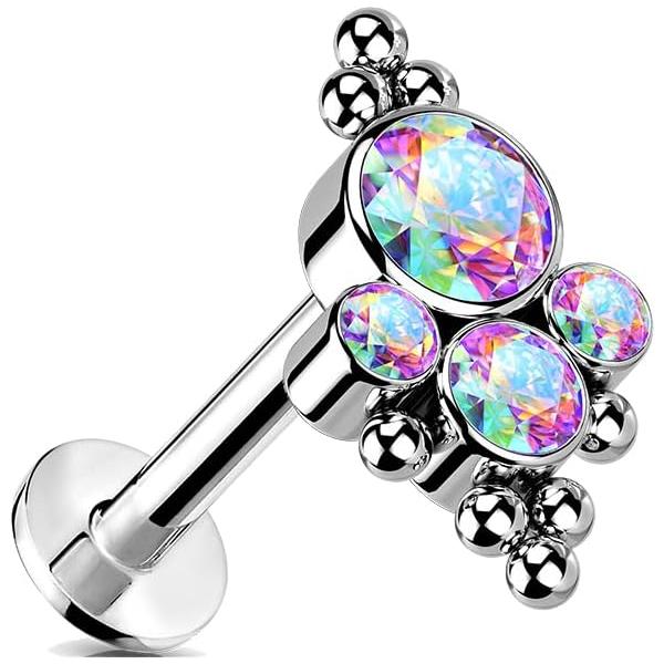 商品名Dynamique インプラントグレード チタン スレッドレス プッシュインラブレット フラットバックスタッド 4ベゼルセット CZ ボールクラスタトップ 1個単位販売, 金属, キュービックジルコニア,Dynamique Impla...