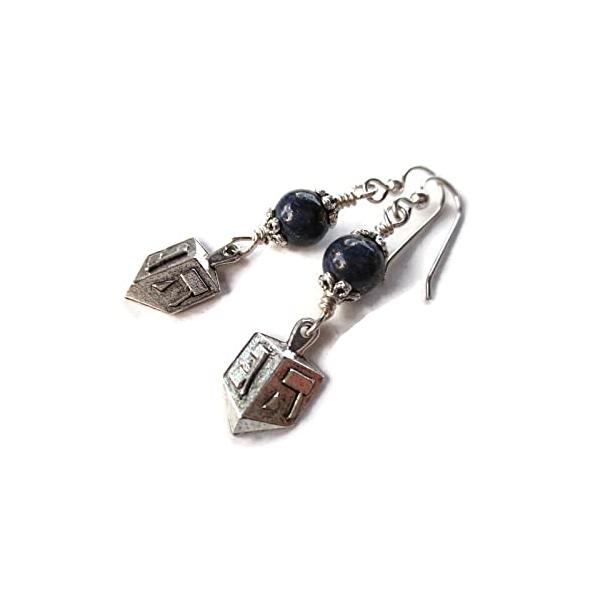 商品名Lapis Lazuli Dreidel Earrings, Sterling Silver Plated Dreidels, Blue Gemstone Dangle Earrings, Hanukkah Jewelryブランド：A...
