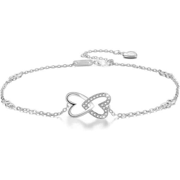 商品名トレンディダブルハートチャームブレスレット 輝くキュービックジルコニア付き 925スターリングシルバー ハンドメイド レディース ファインジュエリー - プレミアムパールTrendy Double Heart Charm Bracel...