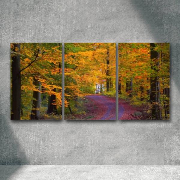 商品名:  Canvas Wall Art A single lane rural road through the golden beech trees Forest floor Giclee Prints Artwork Modern ...