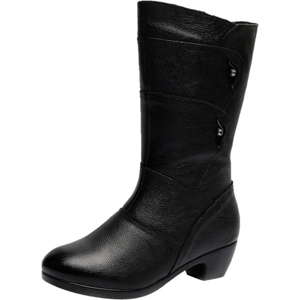 商品名Women's Stretch Leather Mid Calf Boots Solid Color Casual Round Toe Block Low Heel Winter Warm Side Zipper Fashion Co...
