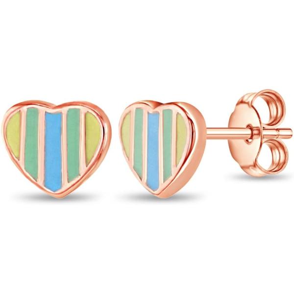 商品名925スターリングシルバー ローズゴールドフラッシュマルチカラーエナメルハートラブイヤリング 若い女の子、未熟のティーン、ティーンに - 鮮やかなブルーとグリーンのハートイヤリング 女の子用925 Sterling Silver Ro...