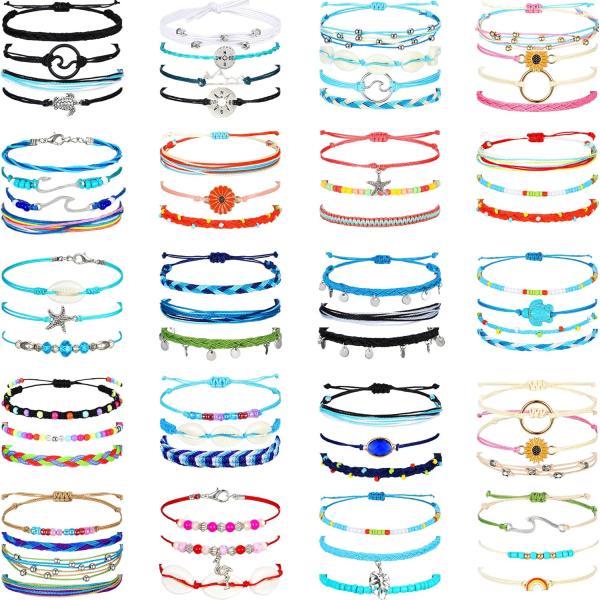 商品名66ピース かわいいブレスレット ティーン/ガールズ オーシャンウェーブサーファーブレスレット ひまわり 美しいストリング ボーホー 編み込み 調節可能なブレスレット ジュエリーアクセサリー ガールズ レディース メンズ ギフトSur...