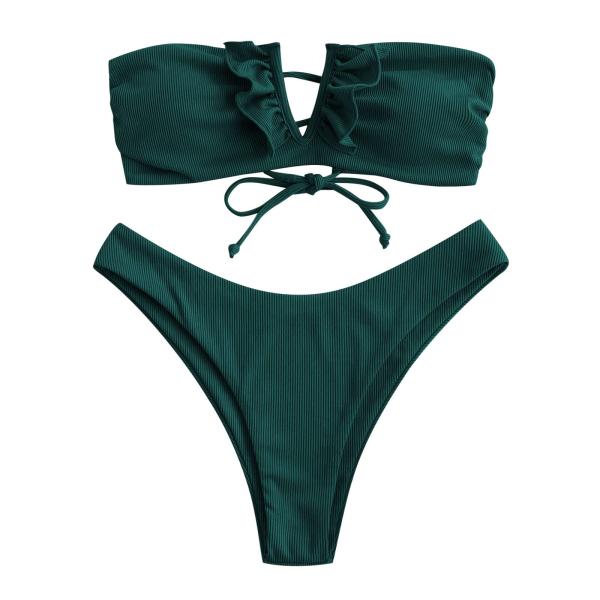 商品名:  ZAFUL Women's Strapless Ribbed V Wired Lace Up Ruffle Tie High Cut Bandeau Swimsuits Bikini Set(0-Peacok Blue, S)ブ...