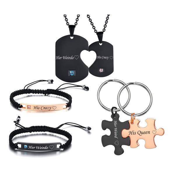 商品名:  SHNIAN Black Half Heart Pairing Square Alumina Stainless Steel Necklace/Rose Gold Bracelet/Jigsaw Puzzle Key Chain...