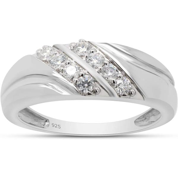 商品名SAVEARTH DIAMONDS 1/4 ct. t.w ラウンドカット 人工モアッサナイトダイヤモンド 2列 メンズウェディングバンドリング スターリングシルバーに14Kゴールド (G-Hカラー、VVS1クラリティ、0.25カラッ...