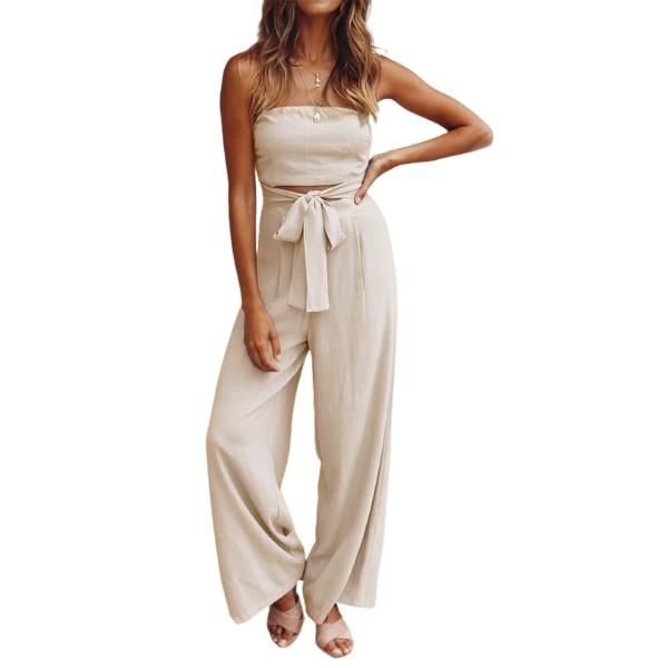 商品名:  CHARTOU Women's Lightweight Off The Shoulder Hollow Out Front Bow-Tie Wide Leg Bandeau Jumpsuit (Small, Apricot)ブラ...