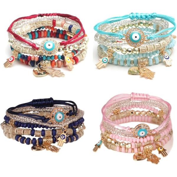 商品名COLORFUL BLING ボヘミアンストレッチビーズブレスレット 4/2セット 多層 邪視 ハムサ ハンドブレスレット ボーホー チャーム 重ね付け可能 ブレスレット ハンドメイド マルチカラー クリスタル ビーズ ラッキープロテ...