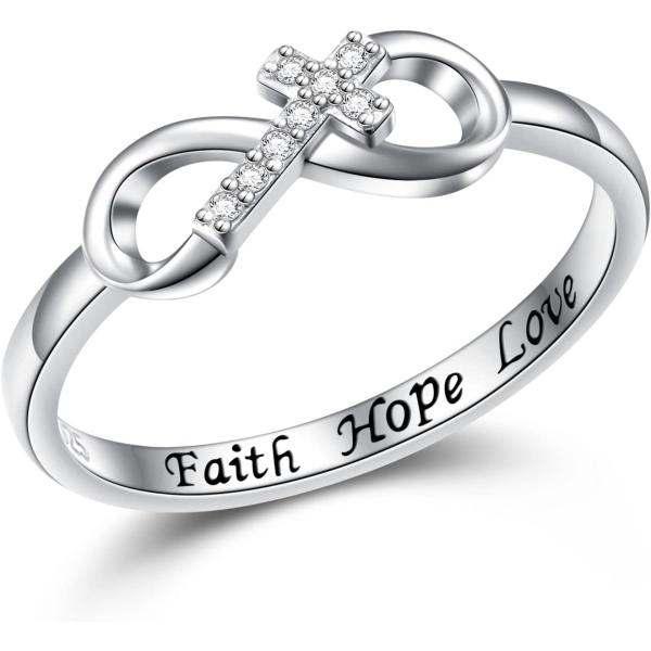 商品名インスピレーションジュエリー 925スターリングシルバー 刻印 Faith Hope Love CZ クロス インフィニティリング レディース ガールズ イースターギフト, スターリングシルバー, キュービックジルコニアDAOCHON...