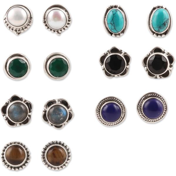 商品名Novica エブリデイペア(7個セット) ジェムストーンスタッドイヤリング ガールズ レディース, ジェムストーン ターコイズ, 宝石なしNOVICA Handmade Gemstone Stud Earrings from Ind...