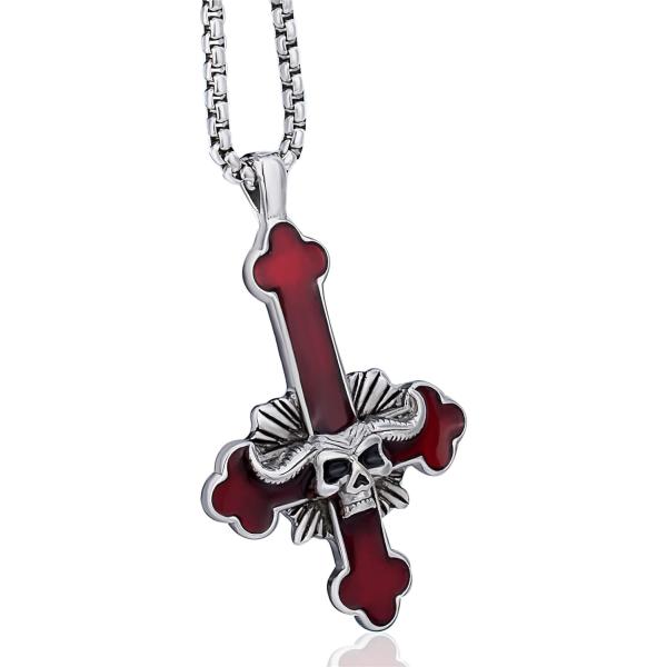 商品名ELFASIO ステンレススチール 反転クロスネックレス 男女兼用 レッド 悪魔の十字架 悪魔の逆さまのクロスペンダントチェーン ゴシックスカルジュエリー 20インチ 24インチ, ステンレス鋼, 宝石なしELFASIO Stainl...