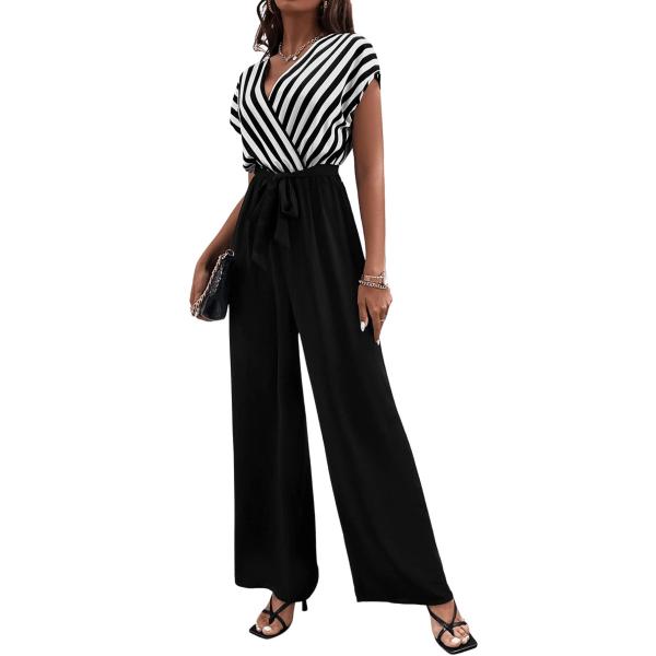 商品名:  SweatyRocks Women's Striped Short Sleeve Wrap Tie Front Wide Leg Pants Jumpsuit Romper Black White Mブランド: SweatyRo...