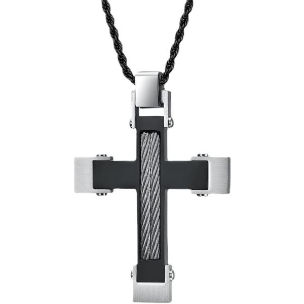 商品名Der Stern Inlaid Stainless Steel Wire Rope Pendant for Women-Men's Titanium Cross Necklace with 23.62 Inch Chain (Bla...