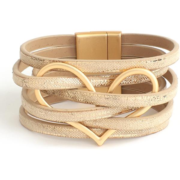 商品名hotoo レザーボーホーブレスレット レディース ラップブレスレット クリスマスギフト ハンドメイド カフ 中空 ハート 美的 マルチレイヤー 積み重ね可能 友情リストバンド, Multilayer Braclet, レザー, 宝石...