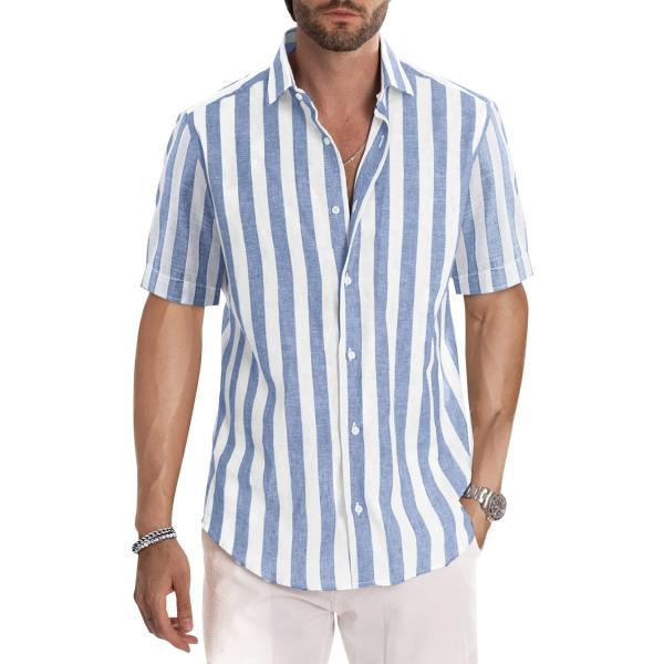 商品名:  JMIERR Men's Summer Casual Stylish Short Sleeve Button-Down Shirts Cotton Linen Vertical Striped Dress Shirts Beac...