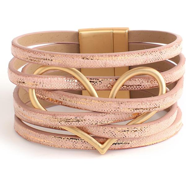 商品名hotoo レザーボーホーブレスレット レディース ラップブレスレット クリスマスギフト ハンドメイド カフ 中空 ハート 美的 マルチレイヤー 積み重ね可能 友情リストバンド, Multilayer Braclet, レザー, 宝石...