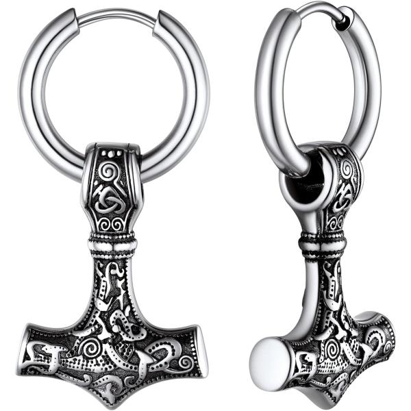 商品名FOCALOOK ノルディックバイキングルーン文字 スモールソーの北欧ハンマー Mjolnir ステンレススチールイヤリング ギフトバッグ付き, 金属Viking Earrings for Women Men, 316L Stainl...
