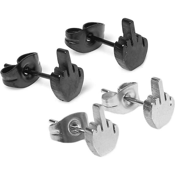 商品名2組 パンク 中指 イヤリング、ブラックとスチール カラー メディウス フィンガー イヤー スタッド レディース メンズ Egirls ジュエリー, 亜鉛, 金属2 Pairs Punk Middle Finger Earrings,...