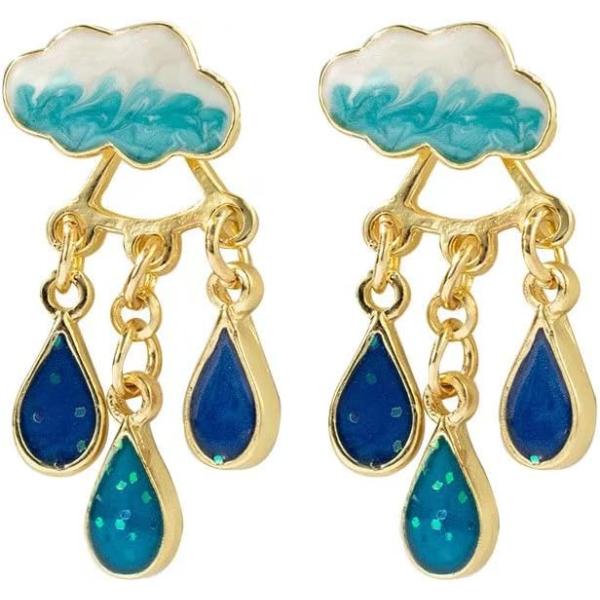 商品名雨滴 &amp; 雨の雲 イヤリング ゴールドジュエリー イヤージャケット 女性用 ガールズ 手書きエナメルイヤリング ジュエリー 925 スターリングシルバー 低刺激性 ギフト - ライトブルー, One Size, 宝石なし。Ra...