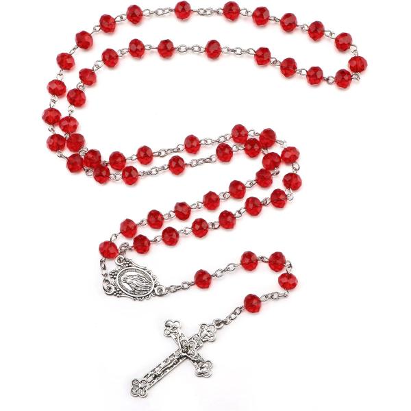 商品名カトリック ロザリオ クリスタル ビーズ ネックレス 奇跡的なメダル 十字架 ロザリオ 聖体 ロザリオ, 亜鉛合金, --Catholic Rosary Red Crystal Beads Rosaries Necklace with...