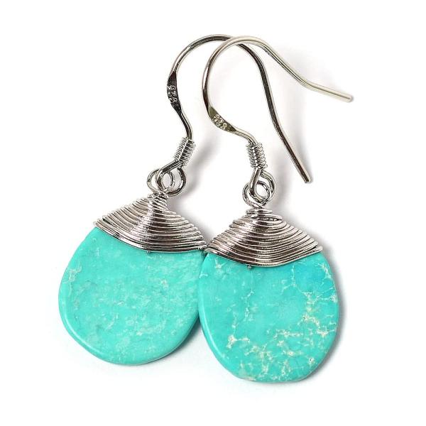 商品名Natural Stone Wire Wrap Dangle Drop Earrings Platinum Plated 925 Sterling Silver Hook/Turquoise Round Cutブランド：Scutum ...