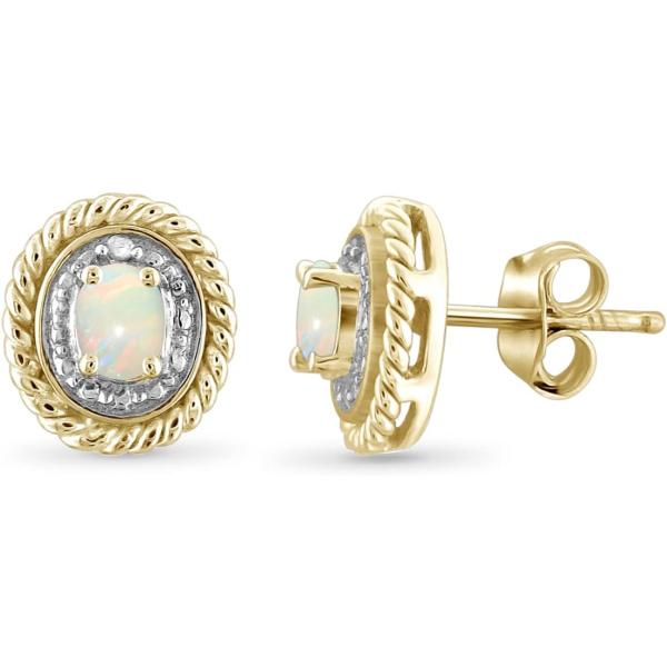 商品名JEWELEXCESS 0.20 CTW オパールとアクセント ホワイトダイヤモンド スタッドピアス   シルバーに14Kゴールド | 低刺激性 レディース - プッシュバック付きオーバルカットセット, 金属 ジェムストーン, オパー...