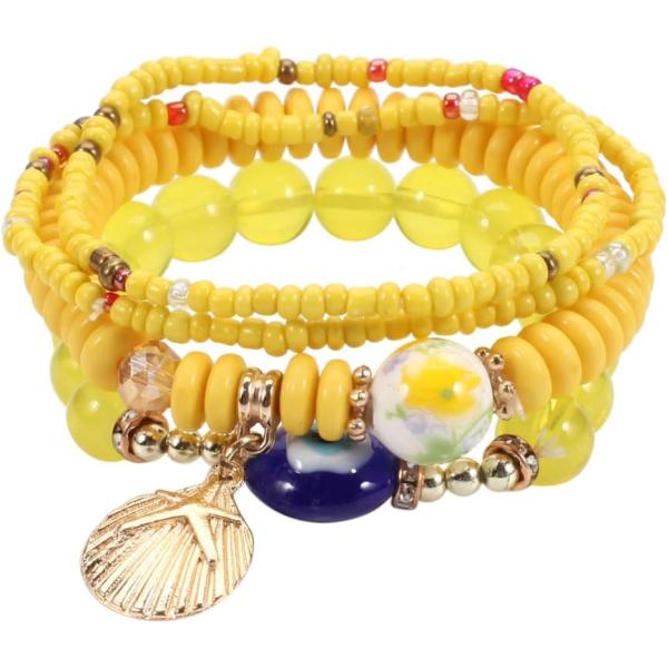 商品名COLORFUL BLING ボヘミアン レディース マルチレイヤー ストレッチ ビーズ 邪眼ブレスレット ビーチシェル スタッカブル ラッキープロテクション ブレスレット ビーズ ストランド バングル ボーホー ビーチ ジュエリー,...