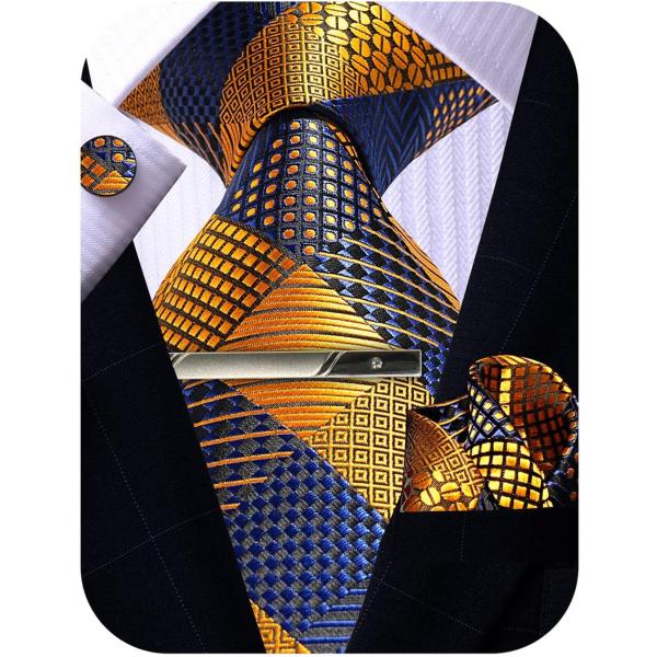 商品名ROBERTO GABBANI Mens Gold Blue Tie Pocket Square Cufflinks Clip Set, Silk Plaid Necktie with Handkerchief Clipブランド：RO...
