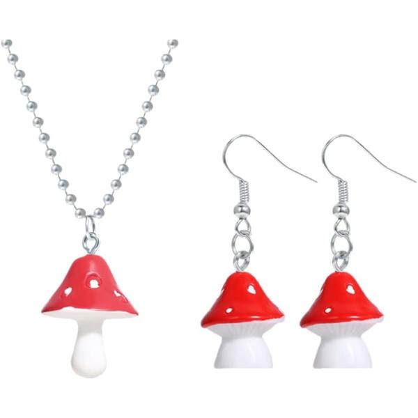 商品名USHOBE Red Stud Earrings 1 Set Mushroom Necklace Women Jewelries Plastic Miss Country Style Accessories Dangle Earrin...