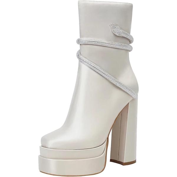 商品名vivianly Women's Platform Mid Calf Boots Square Toe Chunky Block High Heels Ankle Booties with Side Zipper Size 9.5 C...