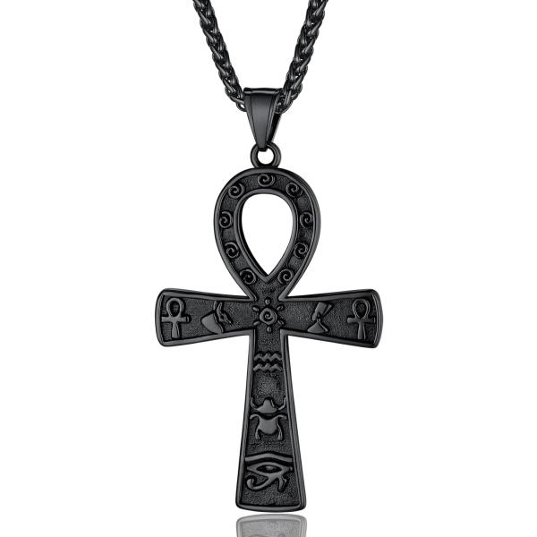 商品名ChainsProMax RA / バステット ソリッドアイ ネックレス ステンレススチール アンククロス エジプトジュエリー チェーン付き 22+2インチ 刻印可 ゴールドメッキ/ブラックギフト, ステンレス鋼, 宝石なしChain...