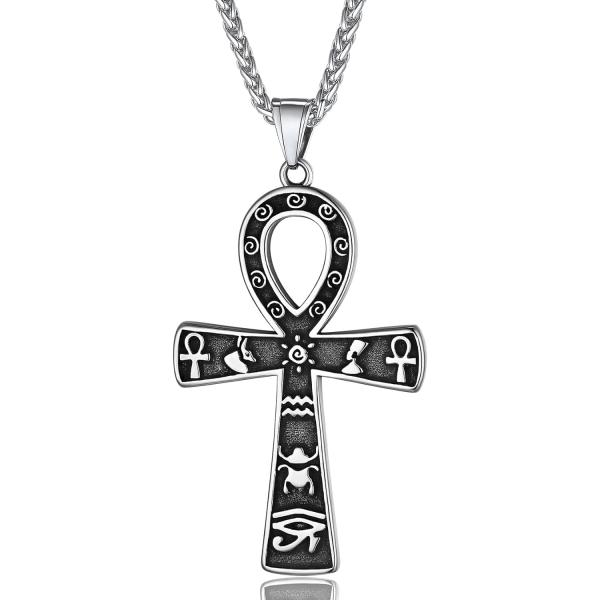 商品名ChainsProMax RA / バステット ソリッドアイ ネックレス ステンレススチール アンククロス エジプトジュエリー チェーン付き 22+2インチ 刻印可 ゴールドメッキ/ブラックギフト, ステンレス鋼, 宝石なしChain...